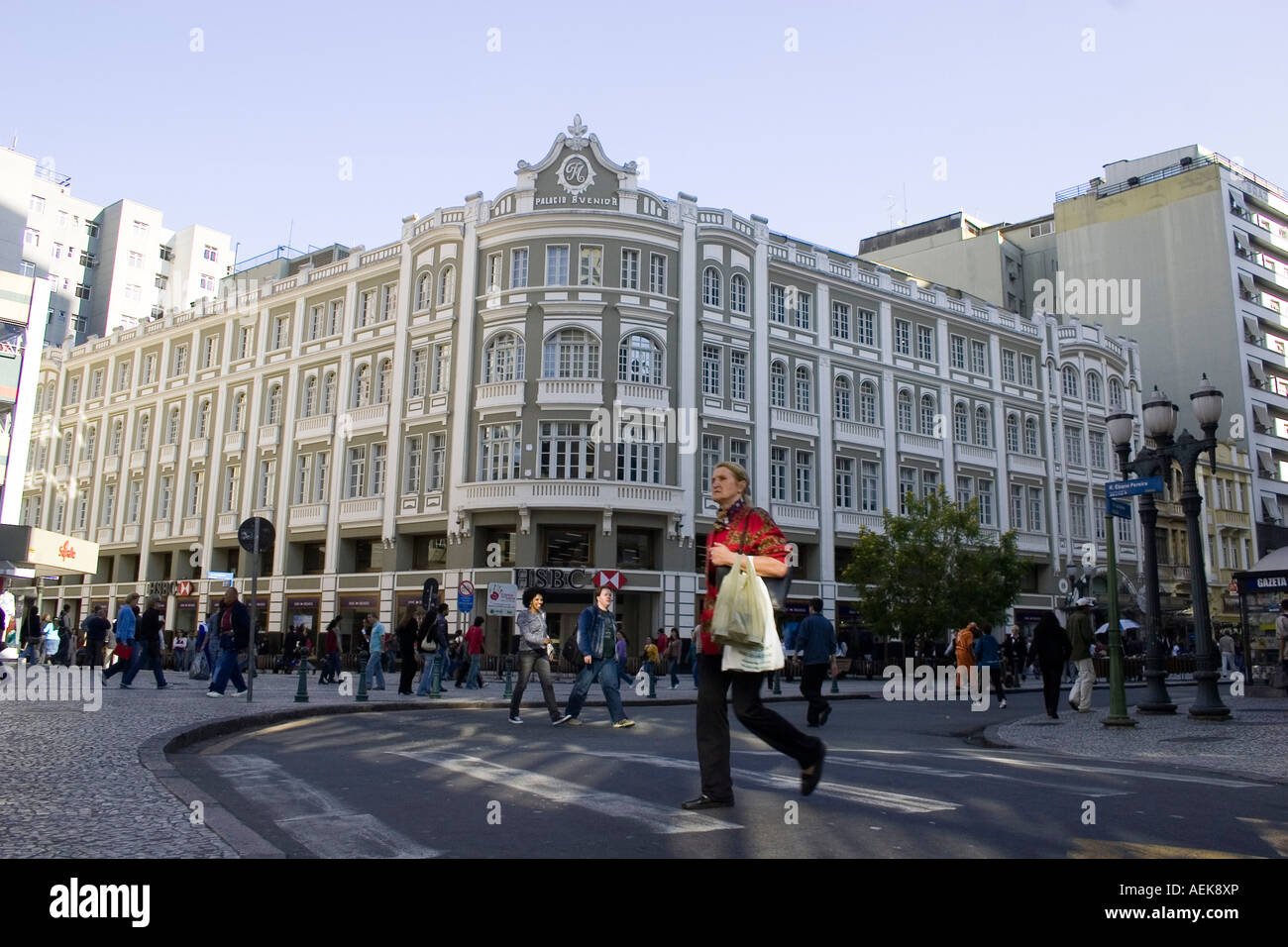 Flower Street at Curitiba - Brazil and the headquarters of HSBC bank ...