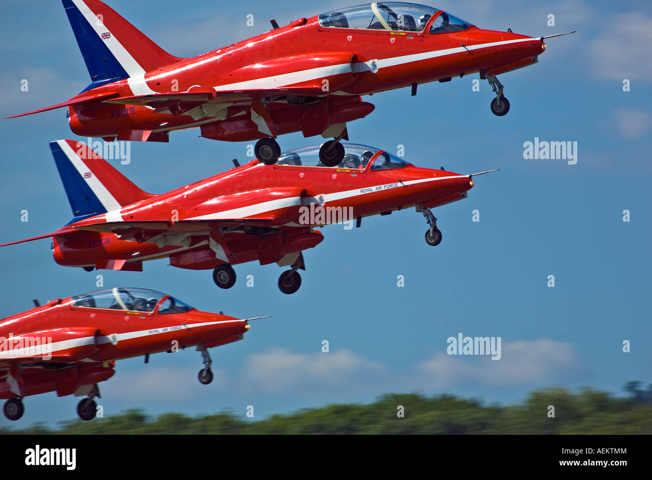 Close up of the the red arrows aerobatic flying dispay team taking off ...