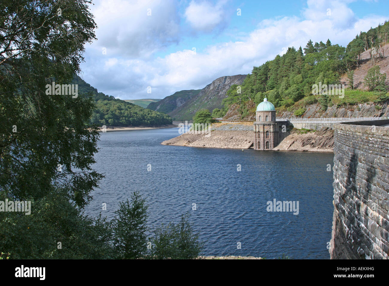 Foel Tower and Garreg Ddu Reservoir during drought in Elan Valey Powys ...