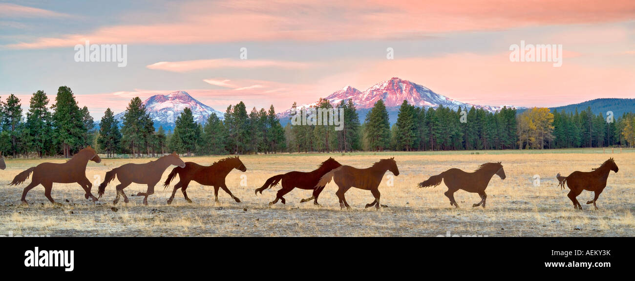 Iron horse sculpture with Three Sisters Mountains panoramic Oregon ...