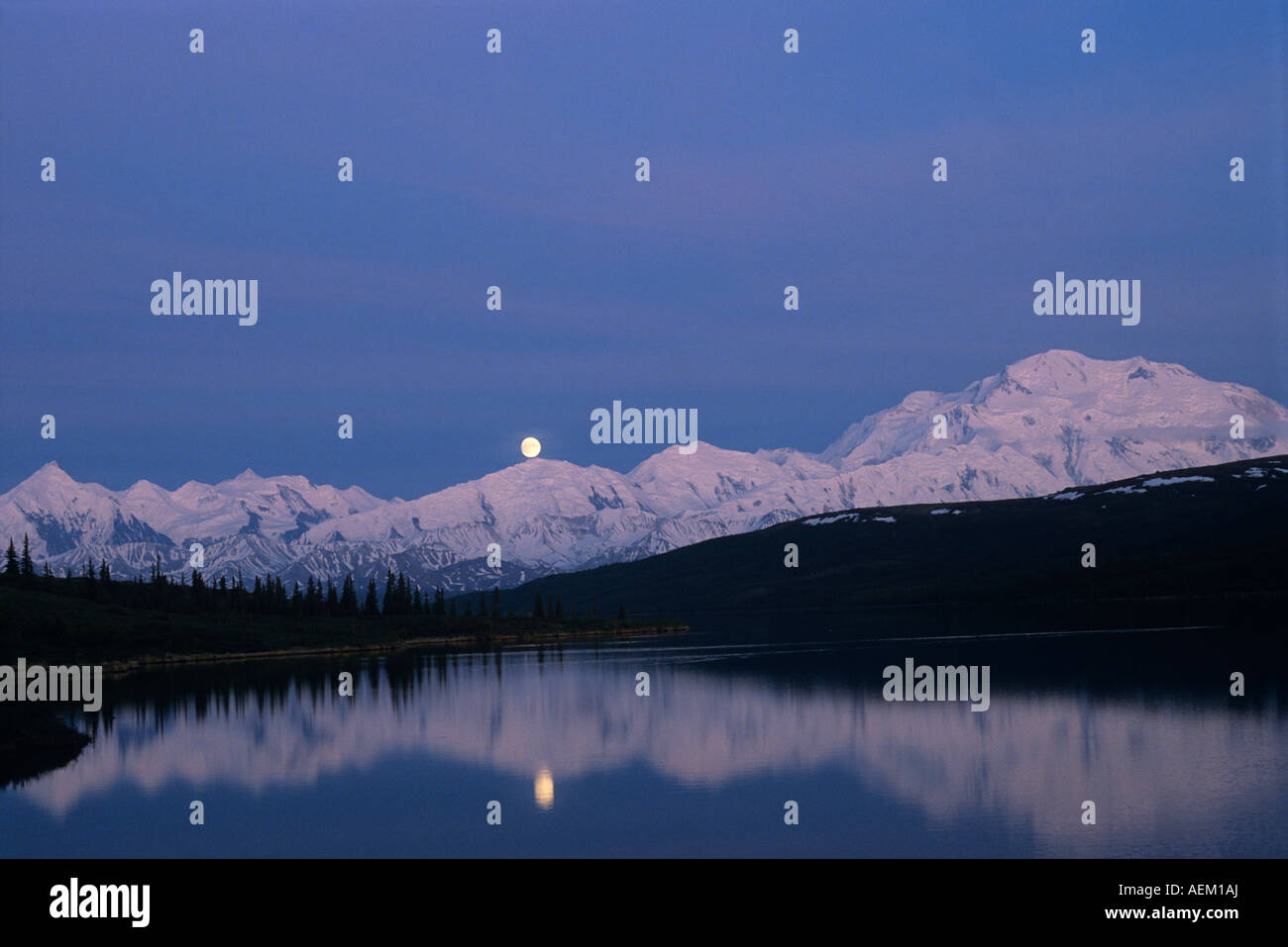 USA Alaska Denali National Park Full moon rises above Mount McKinley 20 ...