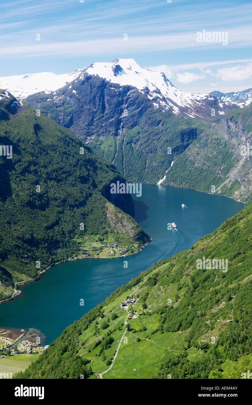 View over Geiranger and Geirangerfjorden from Grindalseter Stranda More ...