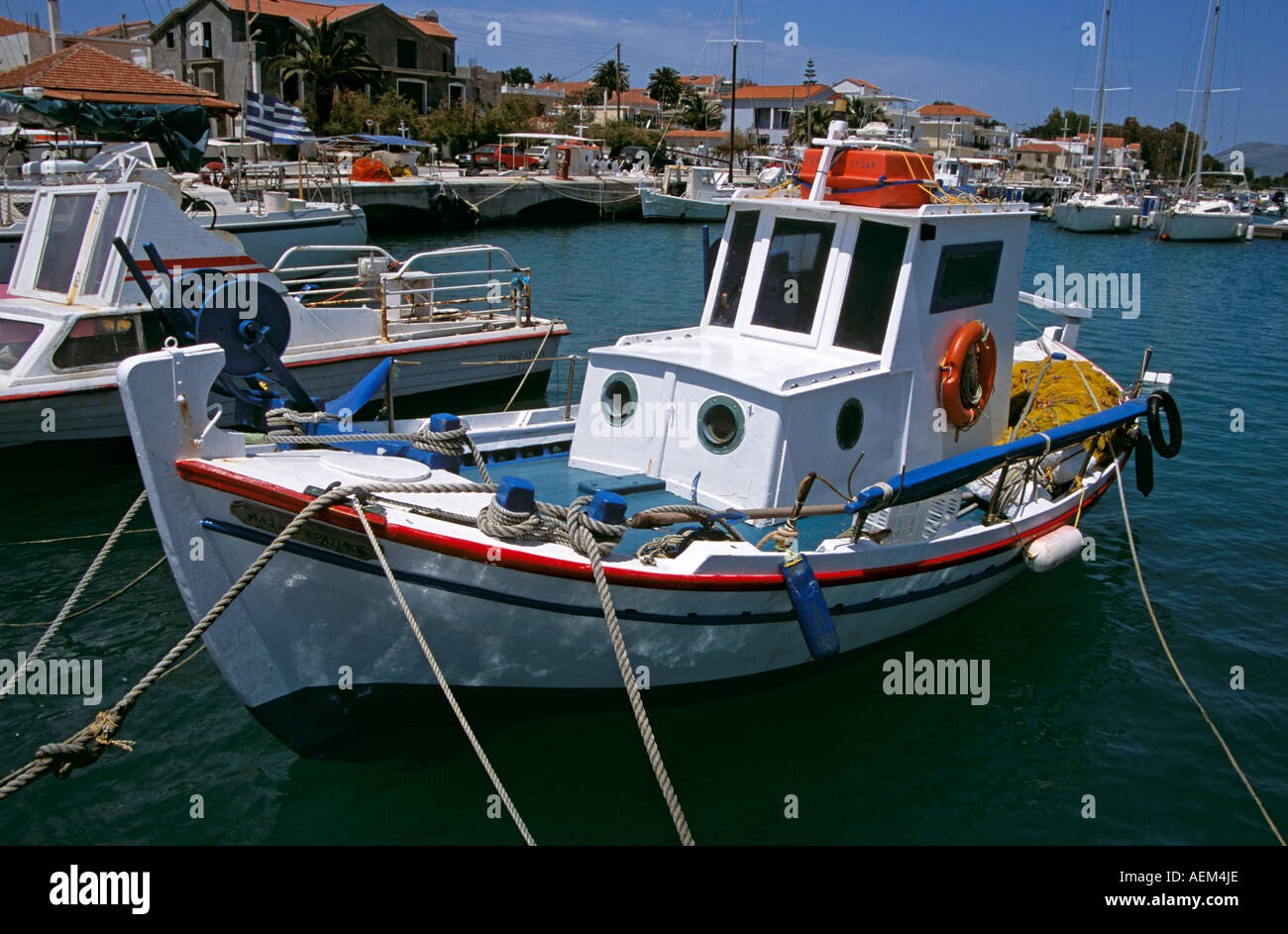 White fishing boat, Lixouri Harbour, Lixouri, Kefalonia, Greece Stock ...