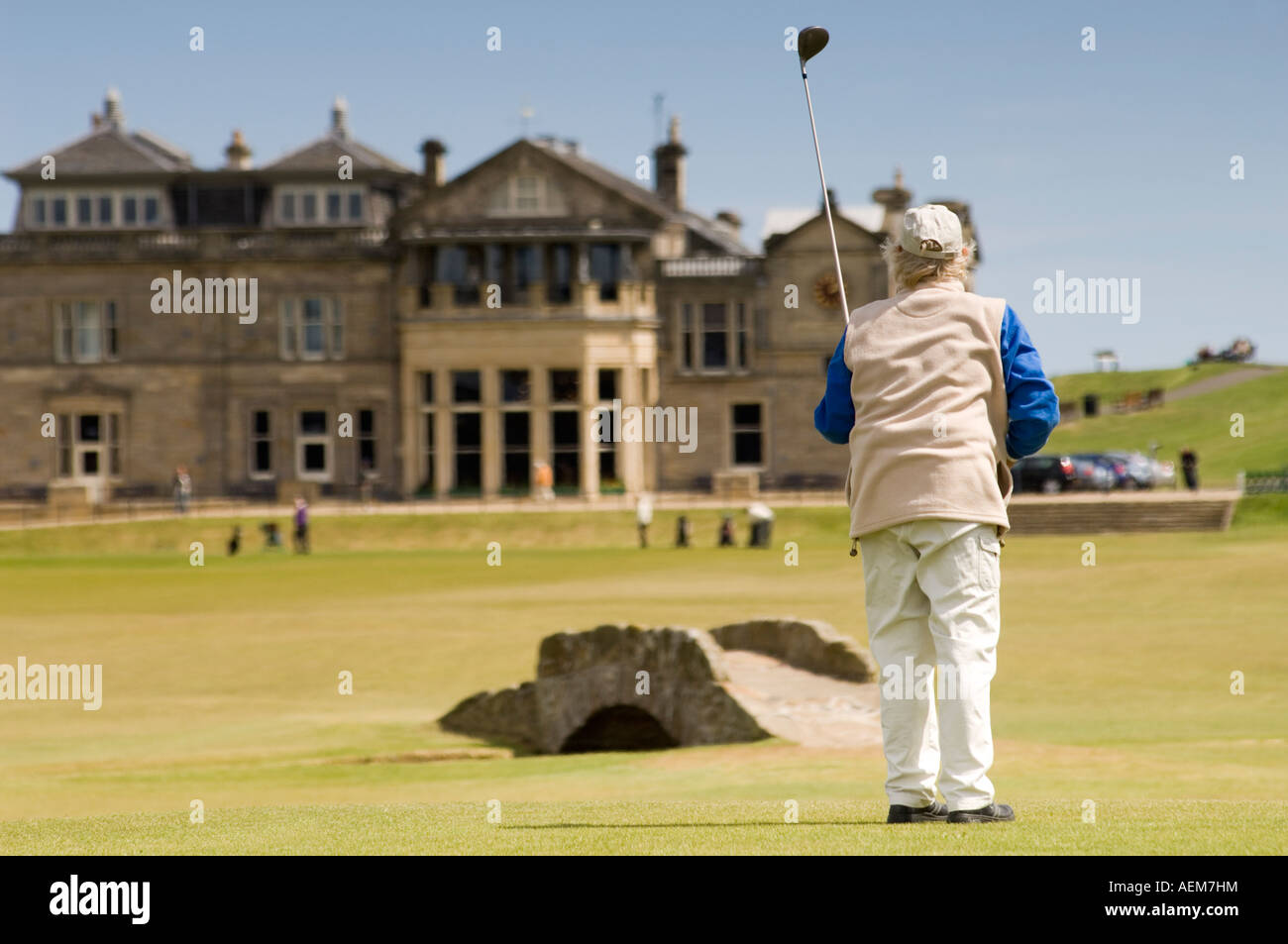 Saint Andrews, Scotland. The Old Course. Golfer and the Swilken Bridge ...
