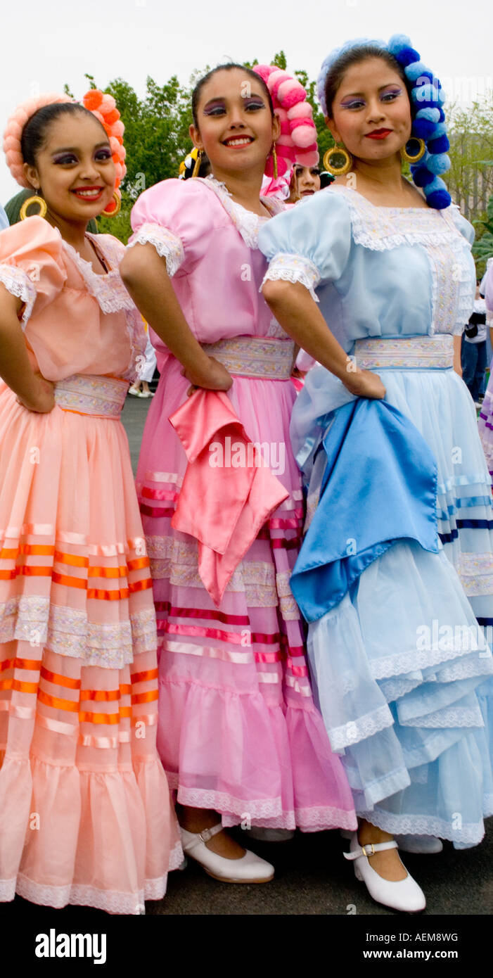 Three Chicana woman dancing in the parade. Cinco de Mayo Fiesta. "St ...