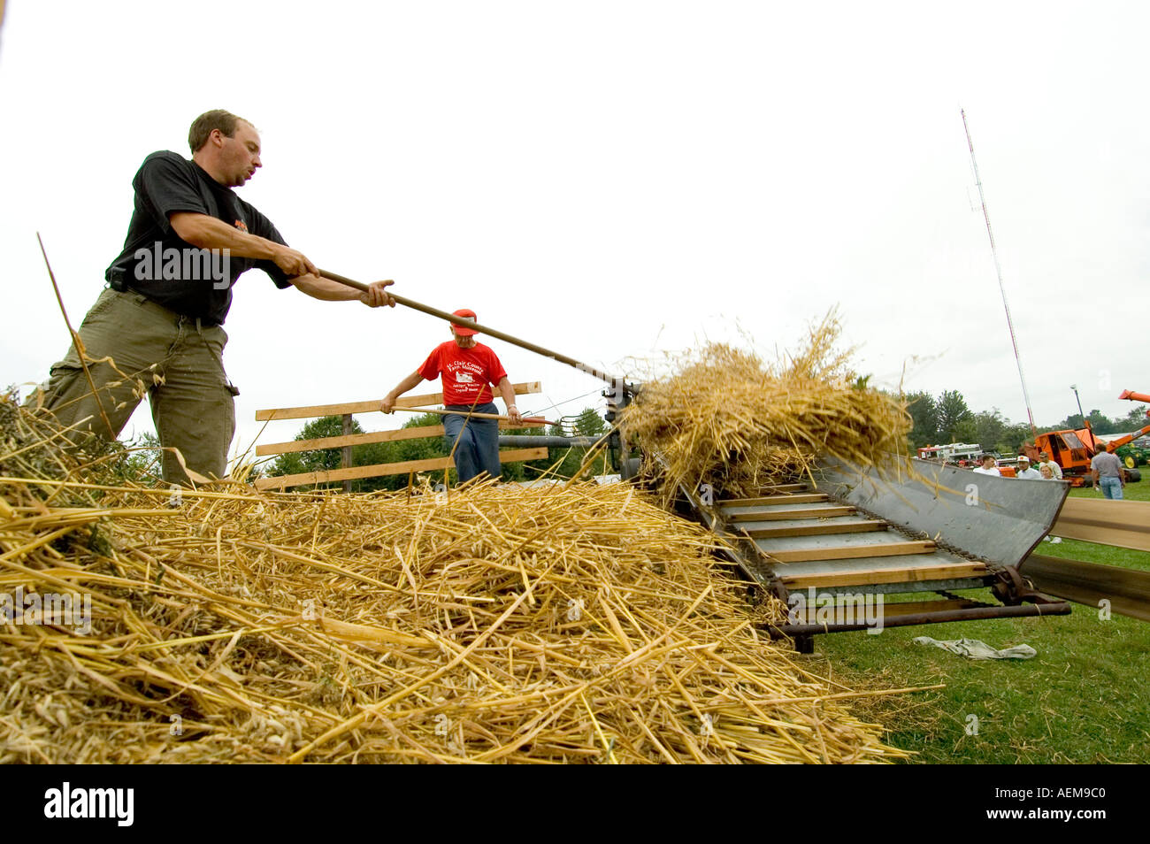 Local farmers demonstrate thrashing oats using techniques in a circa ...