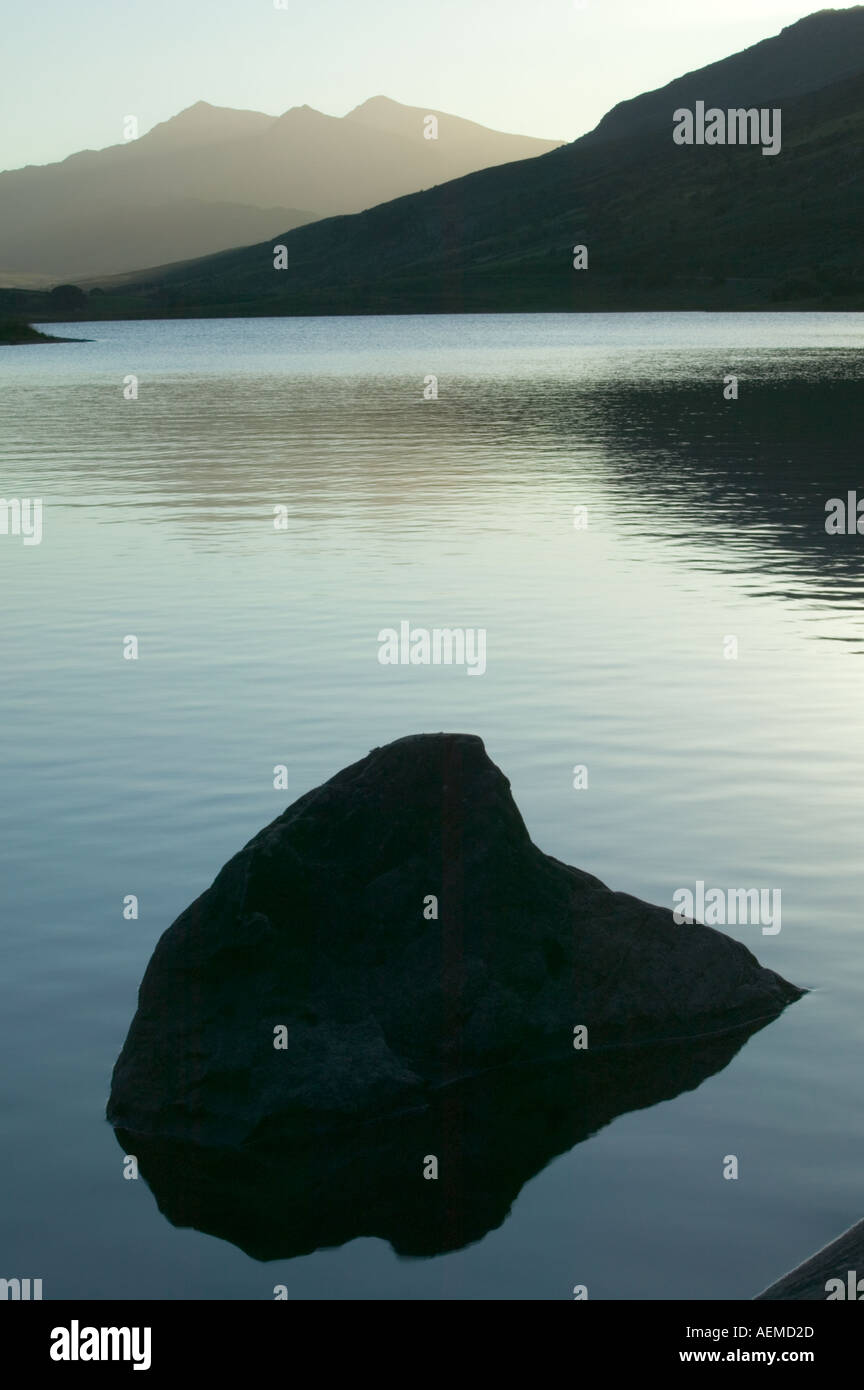 Snowdon Mountain at Sunset from across Llyn Mymbwr Snowdonia North West ...