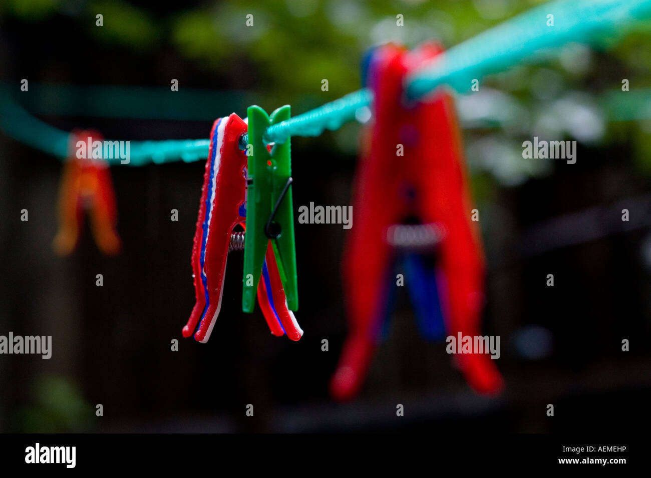 Cloths pegs hanging from a wet washing line Stock Photo - Alamy