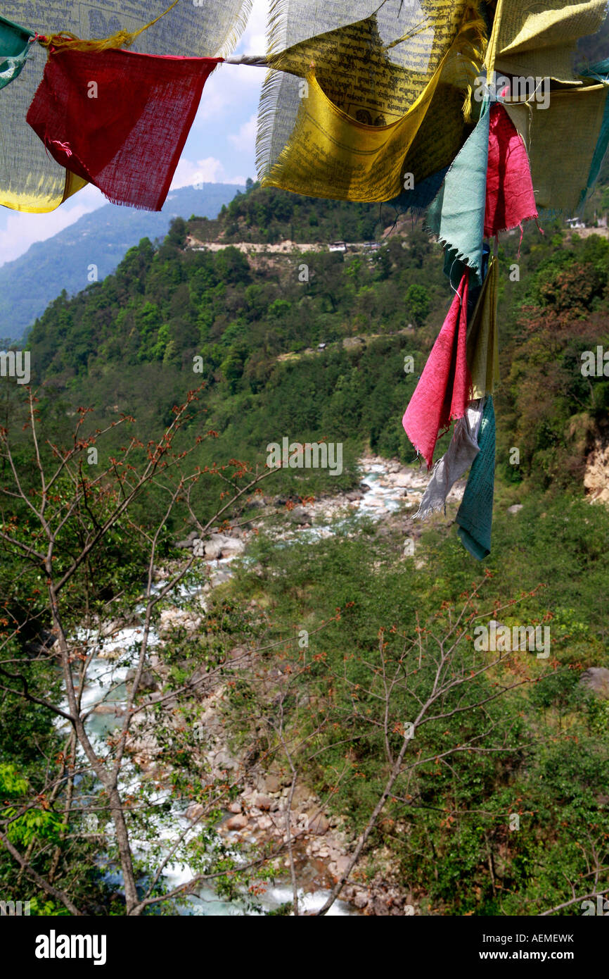 Buddhist prayer flags in the himalayan foothills of Sikkim, India Stock ...