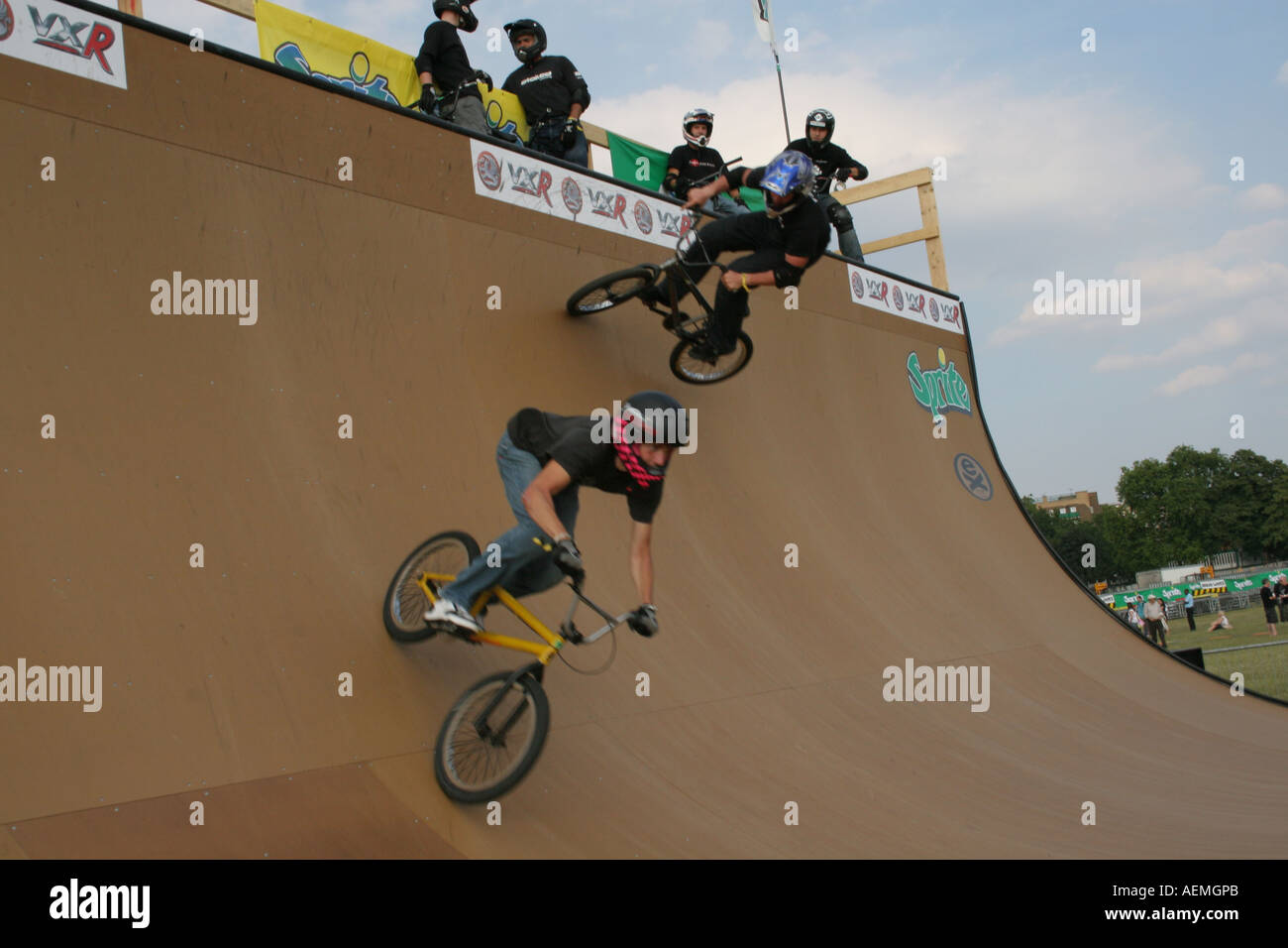 BMX riders on a ramp at the Sprite Urban Games Clapham Common London ...