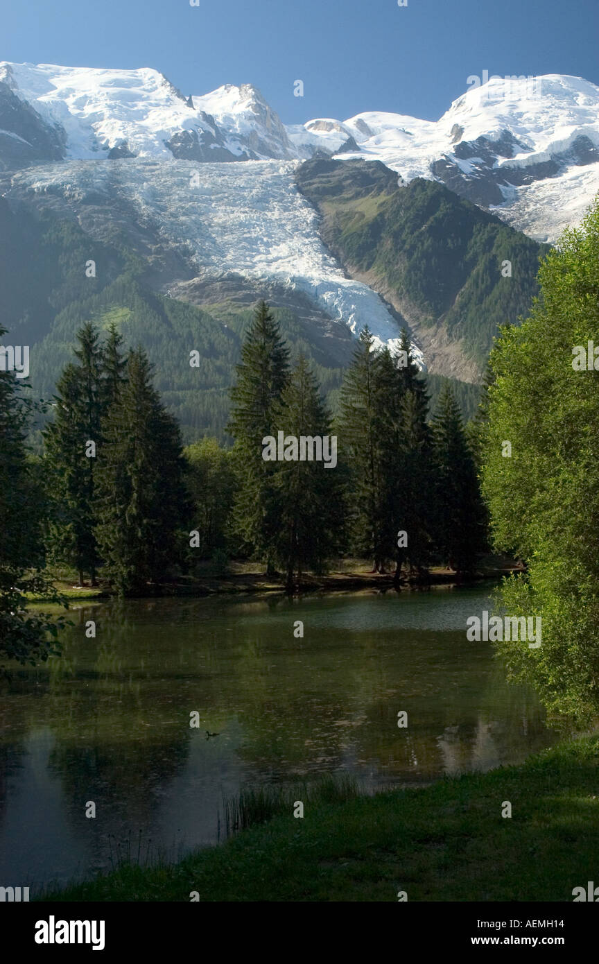 The Bossons Glacier and Mont Blanc viewed from Lac des Gaillands ...