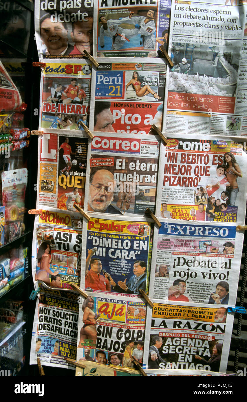 Newspaper display on stall, Lima, Peru Stock Photo - Alamy