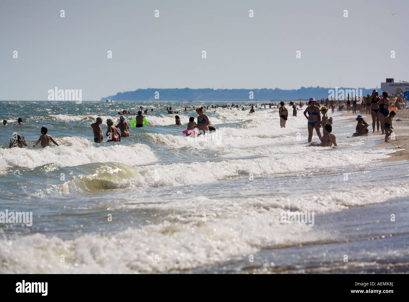 Tourists taking a bath in the Black Sea surf at Sergejewka / Ukraine ...