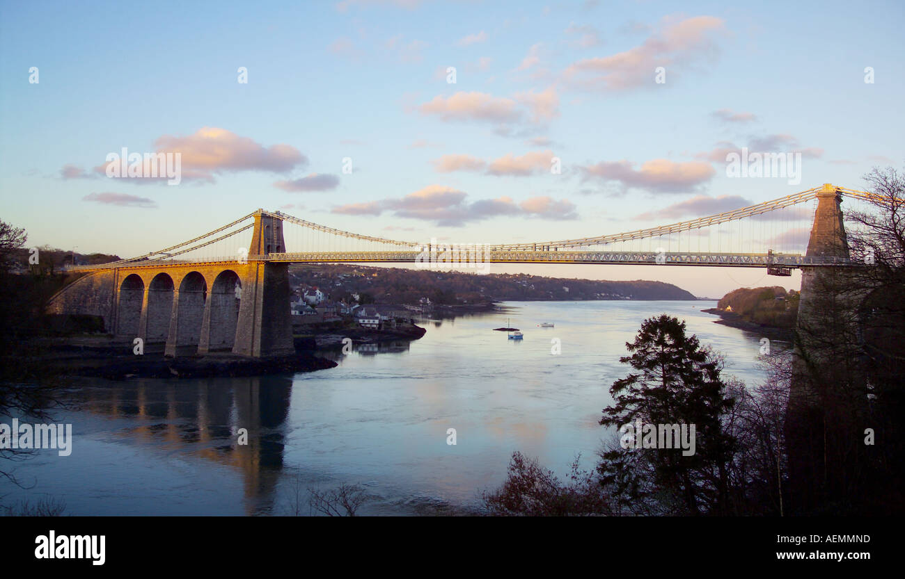 Menai Bridge at Dusk Menai Strait Anglesey North West Wales Stock Photo ...