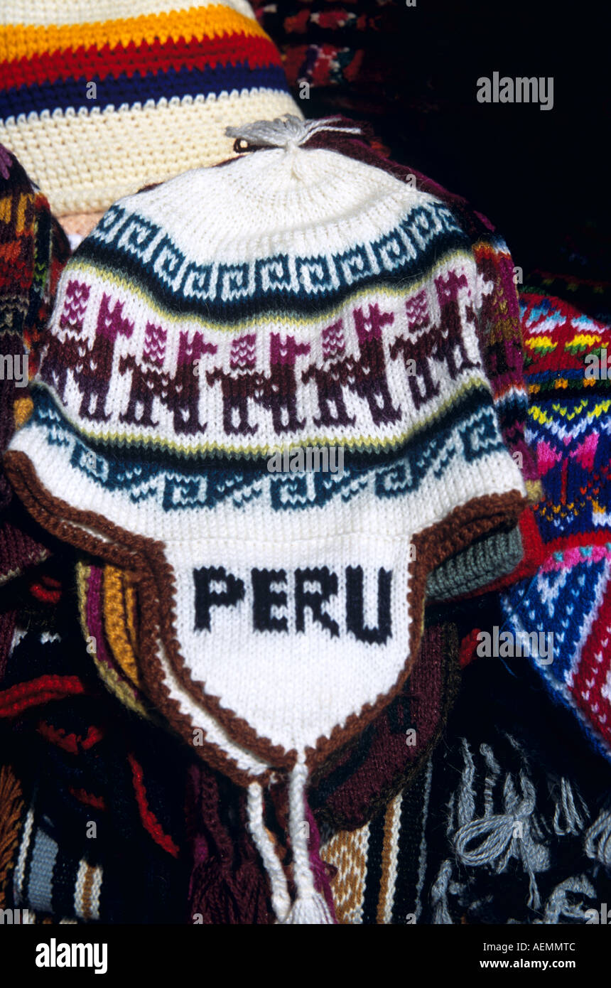 Woollen knitted Peru hat on a market stall, Lima, Peru Stock Photo - Alamy