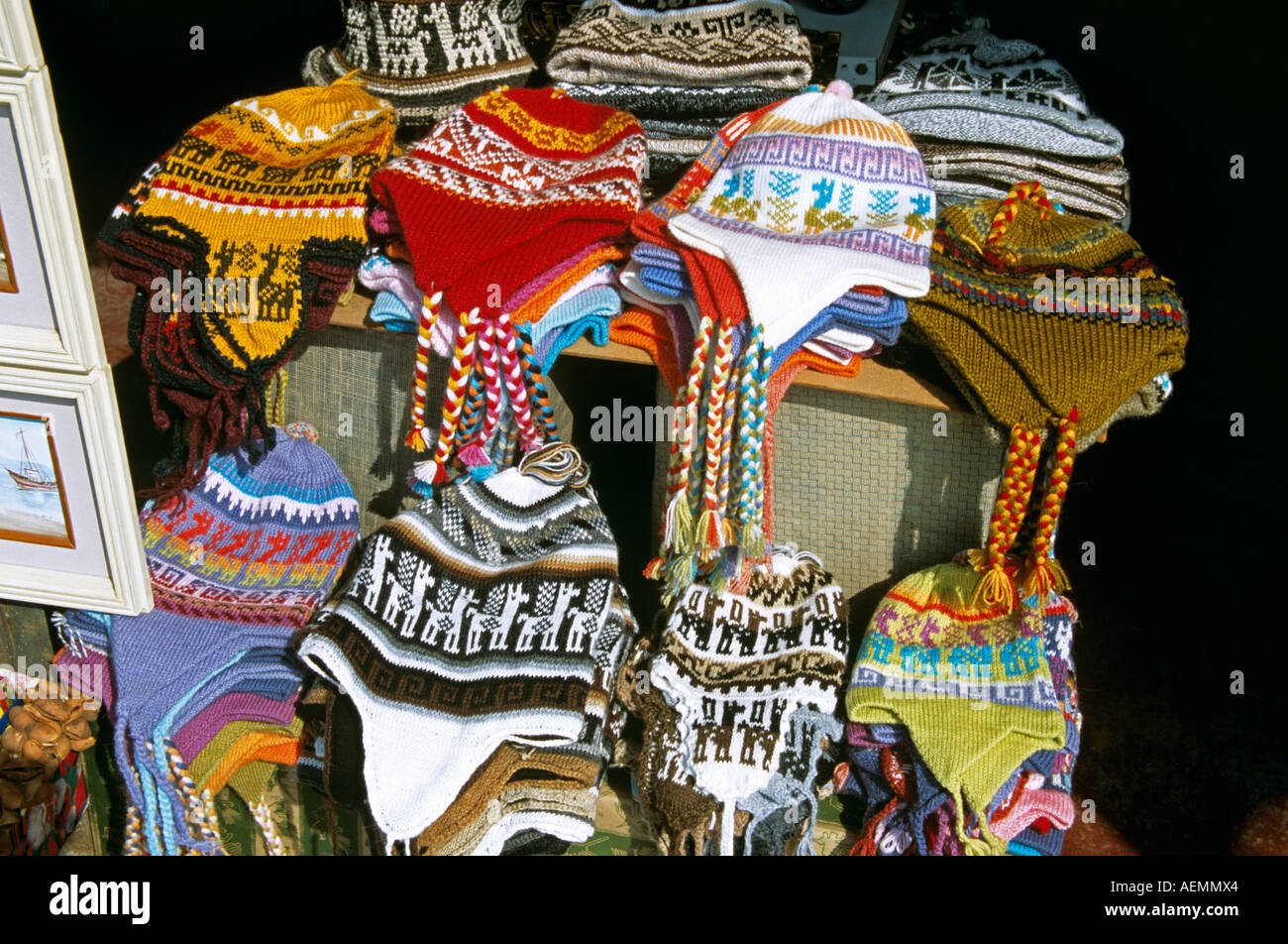 Woollen knitted hats on a market stall, Lima, Peru Stock Photo - Alamy