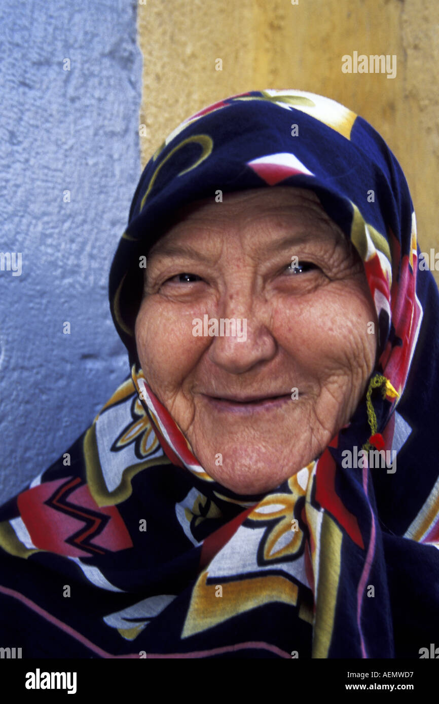 Smiling Grandmother in Babushka in Old Bergama Turkey Stock Photo - Alamy