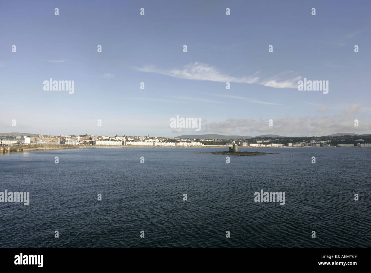 Douglas bay and tower of refuge viewed from departing fast ferry Isle ...