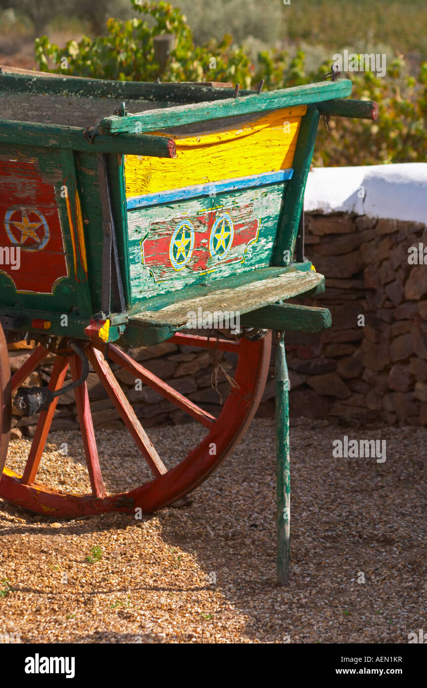 An old colourful and painted farm cart. Herdade da Malhadinha Nova ...