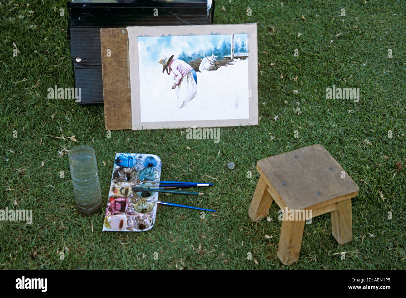Painting, stool and artist’s palette on a lawn, Peru Stock Photo - Alamy