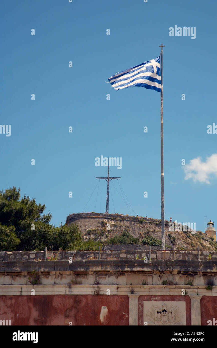 The Greek flag flies atop the Old Fort in Corfu town Stock Photo - Alamy