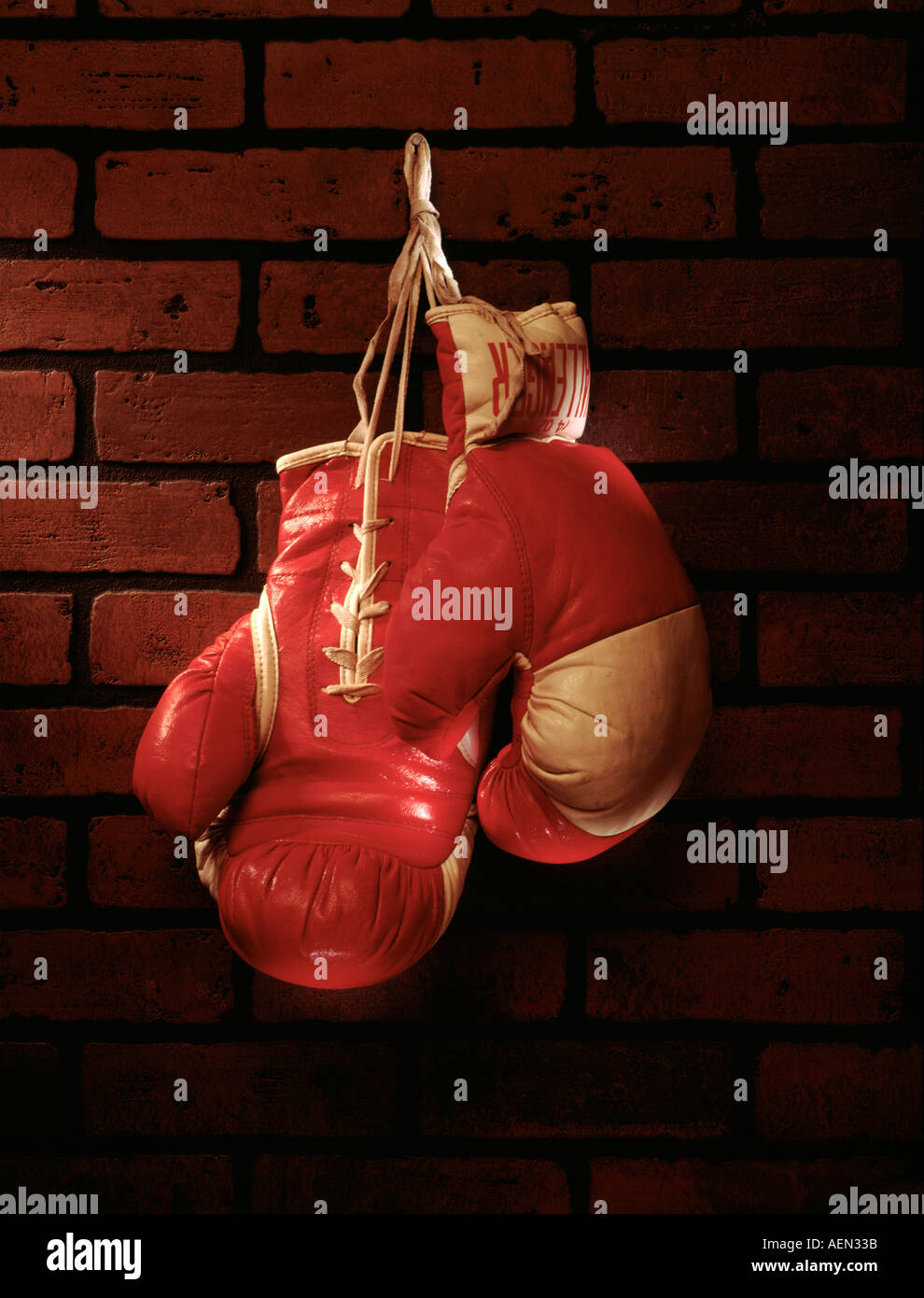 still life boxing gloves hanging on brick wall in gym Stock Photo - Alamy