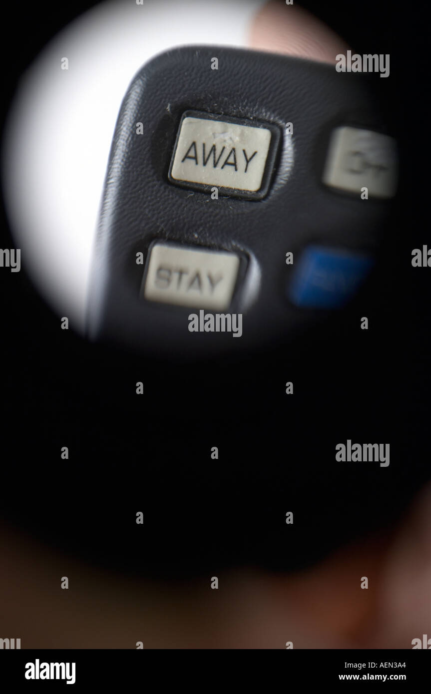 Closeup distorted lens view of remote control alarm keypad stay or go ...