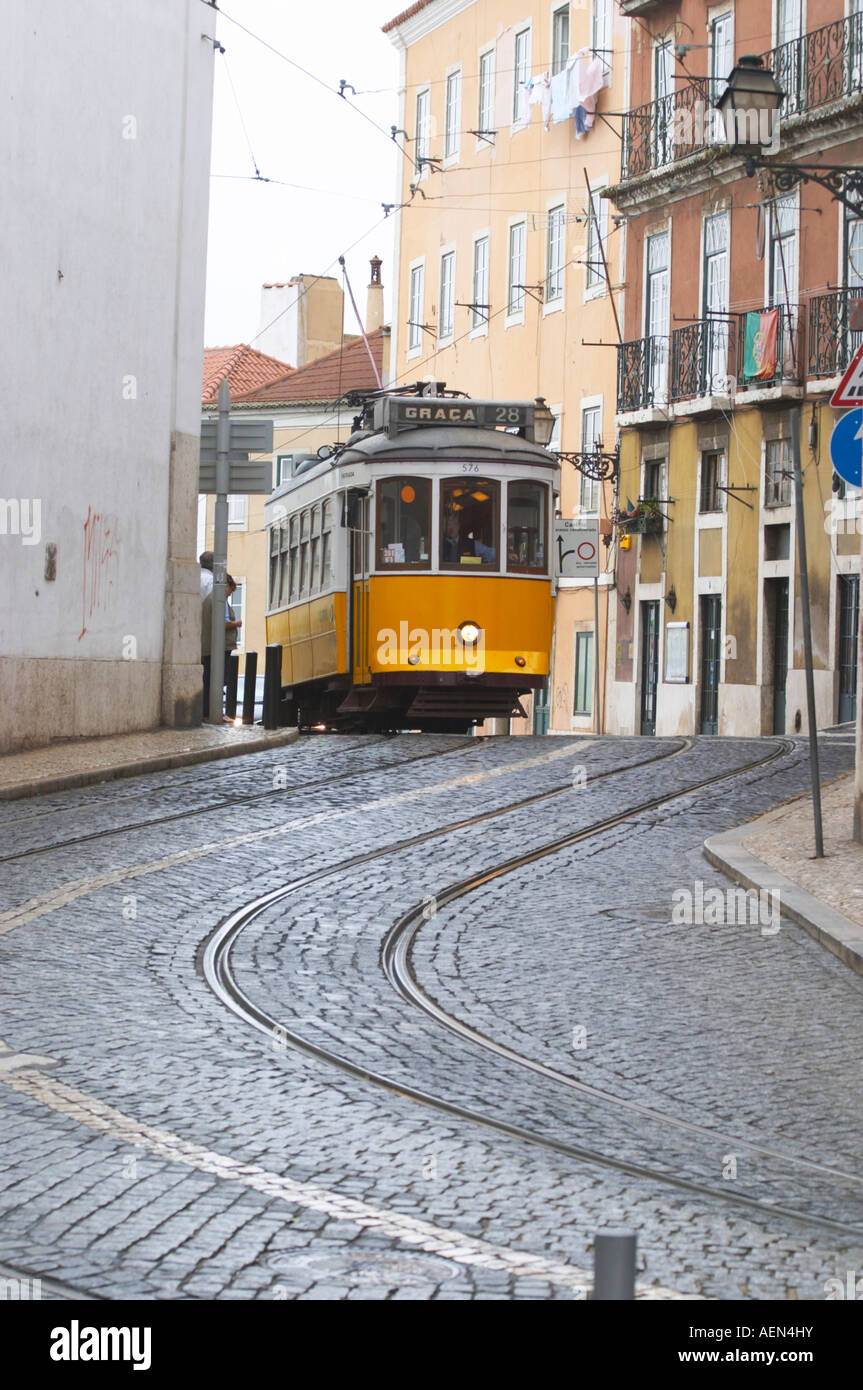 Old tram. Tram tracks. At Miradouro de Santa Luzia. Street view. Alfama ...