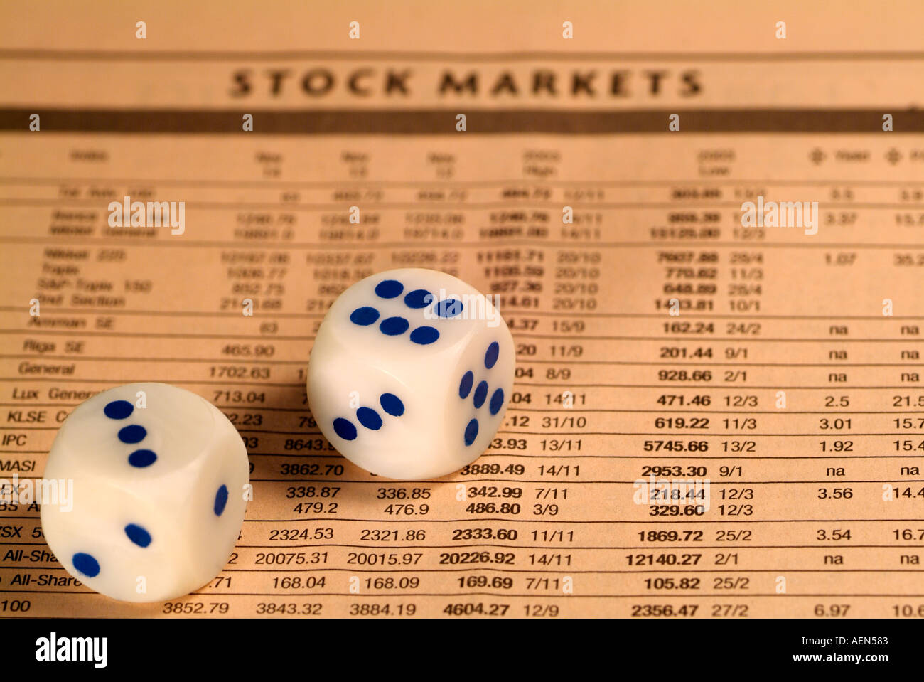 Finance and Investment Concept with Dice on an Financial Paper Stock ...
