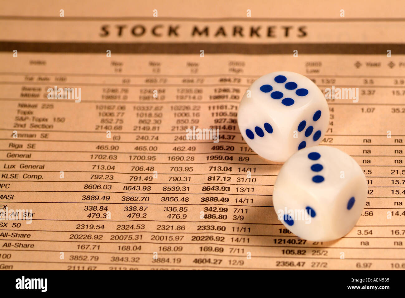 Finance and Investment Concept with Dice on an Financial Paper Stock ...