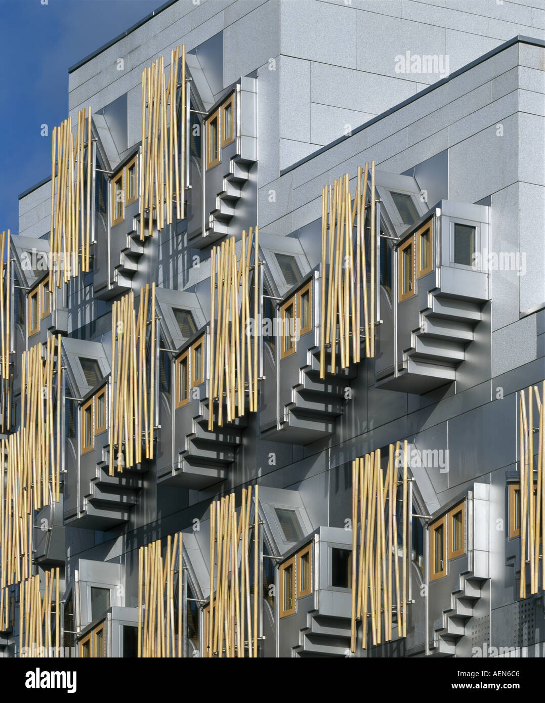 The Scottish Parliament, Edinburgh, Scotland. Detail of west side of ...