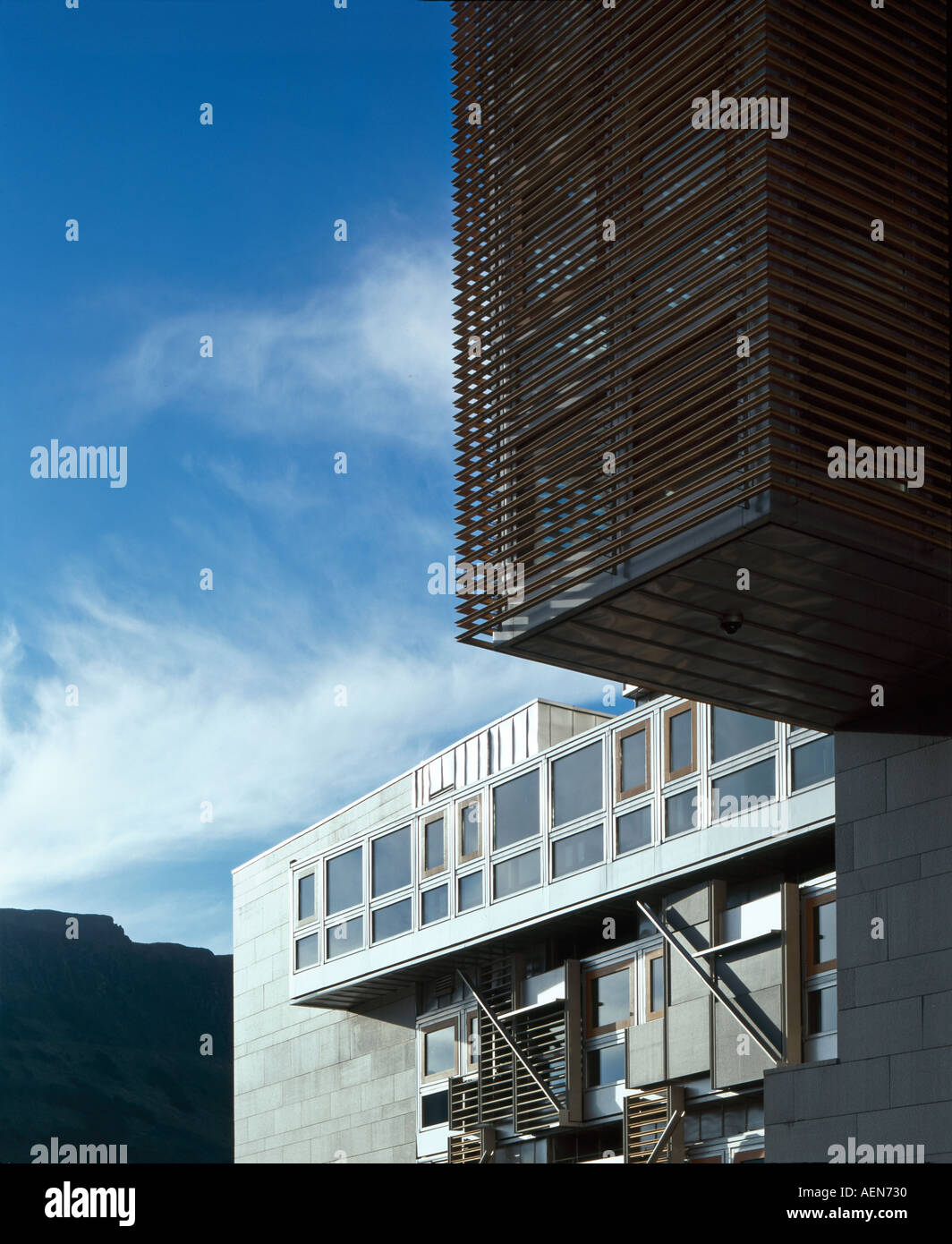 The Scottish Parliament, Edinburgh, Scotland. Detail of east side of ...