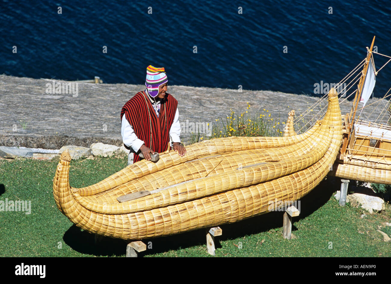 Man behind replica reed boat, Inti Wata Cultural Complex, Sun Island ...