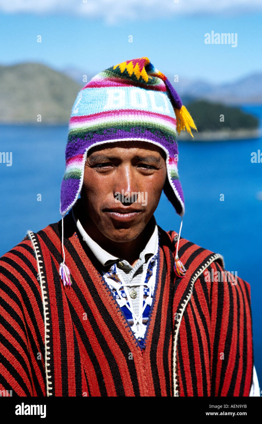 Man wearing hat, Inti Wata Cultural Complex, Sun Island, Lake Titicaca ...