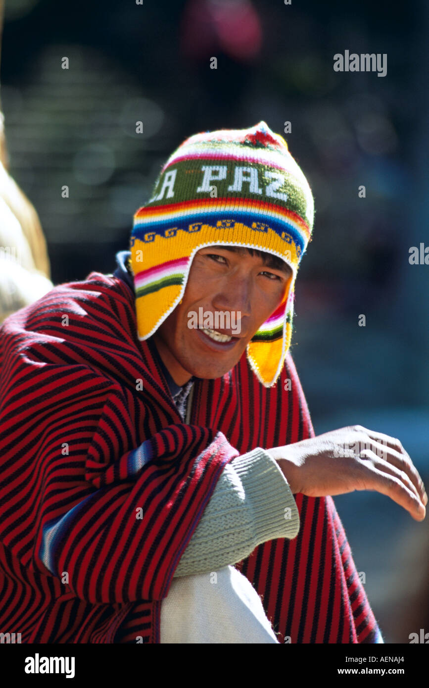 Man wearing La Paz hat, Inti Wata Cultural Complex, Sun Island, Lake ...