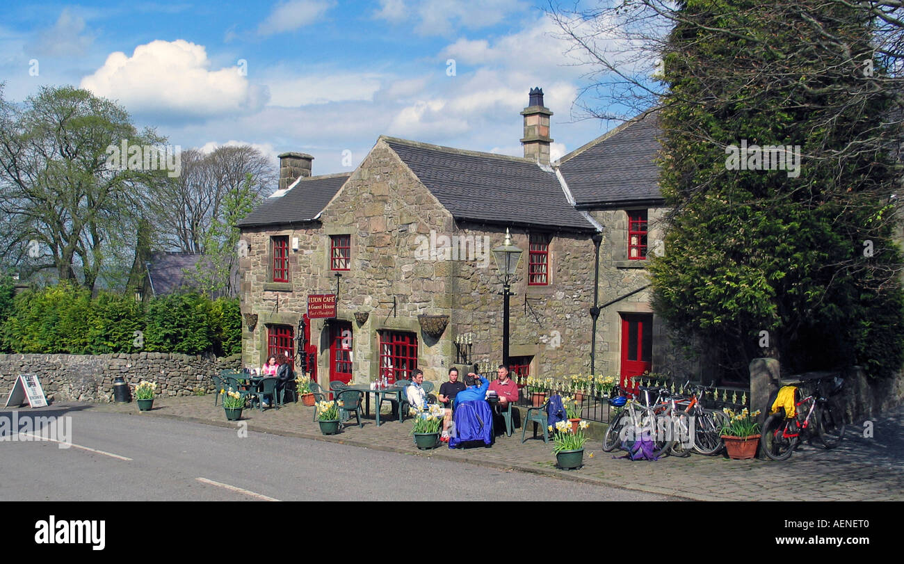 Group of friends having a tea break during bike riding the High Peak ...