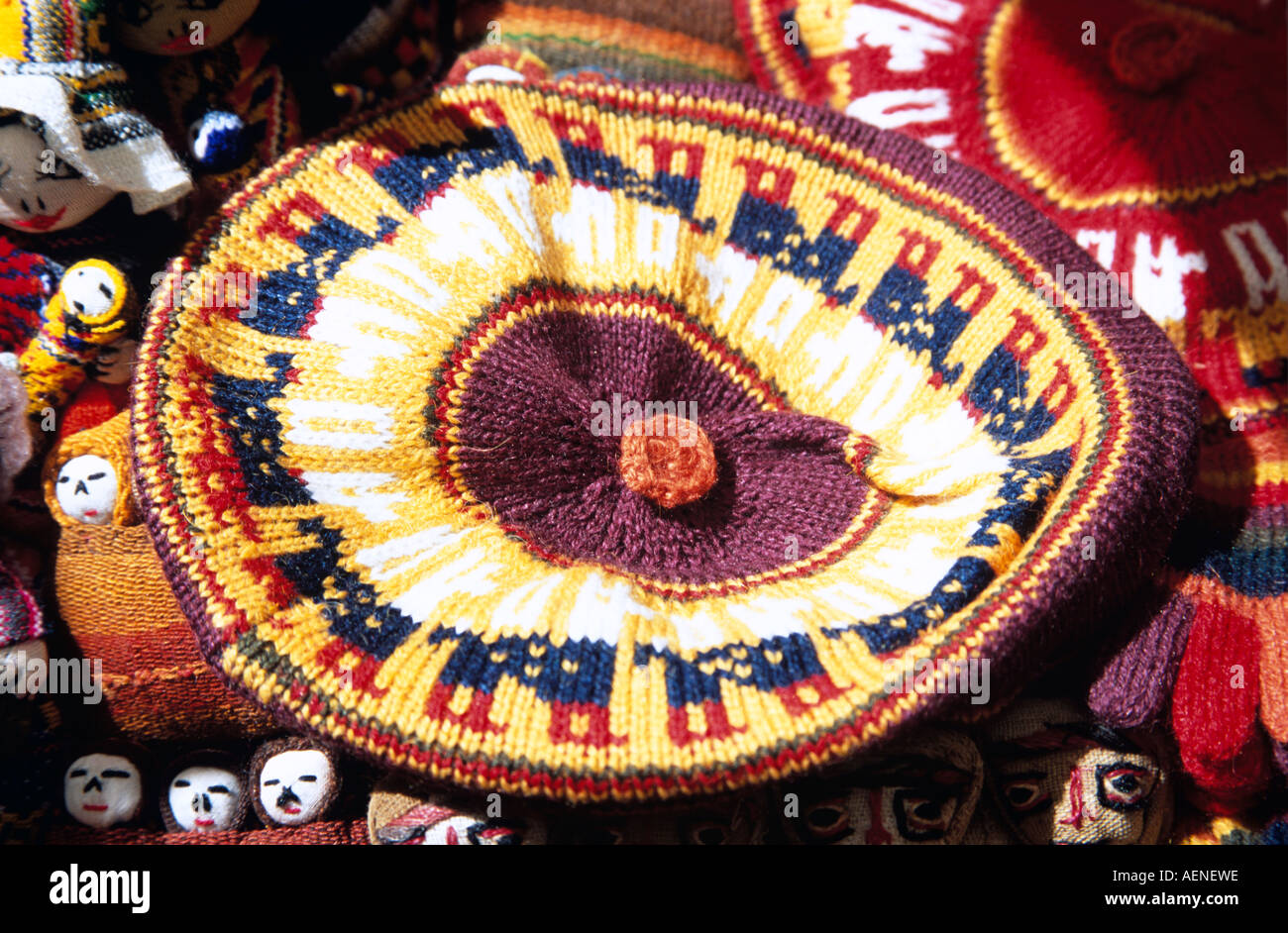Colourful woollen beret for sale on stall in Pisac Market, Pisac, Peru ...
