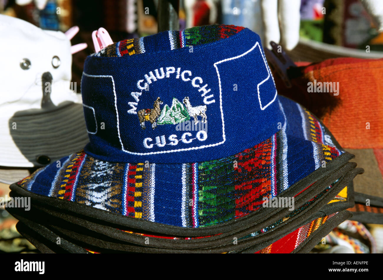 Colourful blue hat on a stall in the market, Sacred Valley of the Incas ...