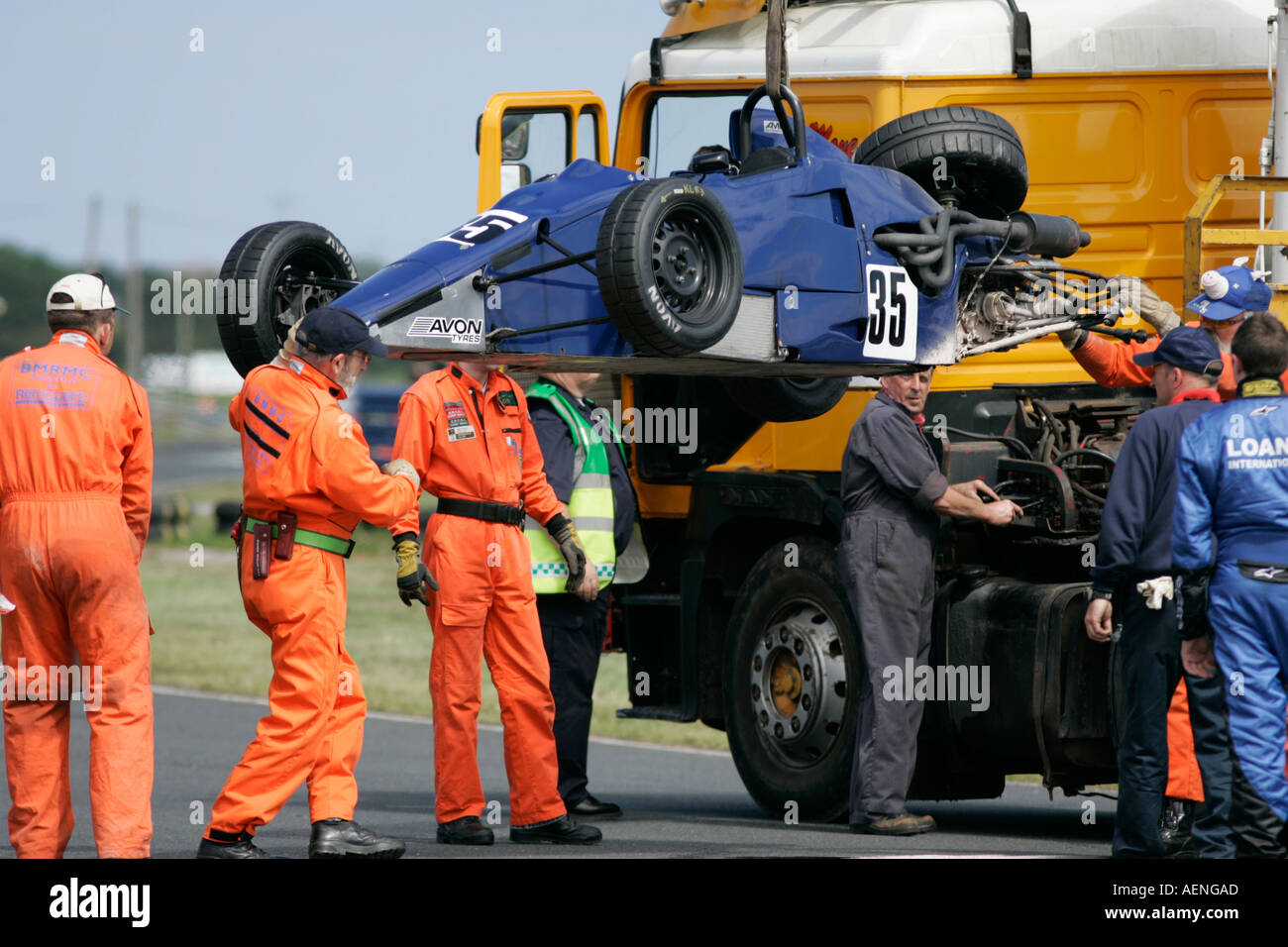 crashed blue Van Diemen RF92 Formula Ford FF 1600 loaded onto recovery ...