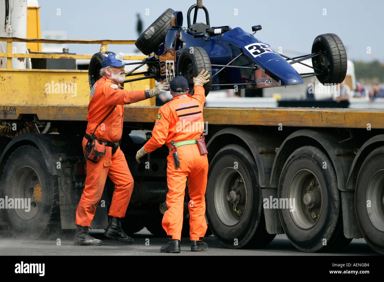 crashed blue Van Diemen RF92 Formula Ford FF 1600 loaded onto recovery ...