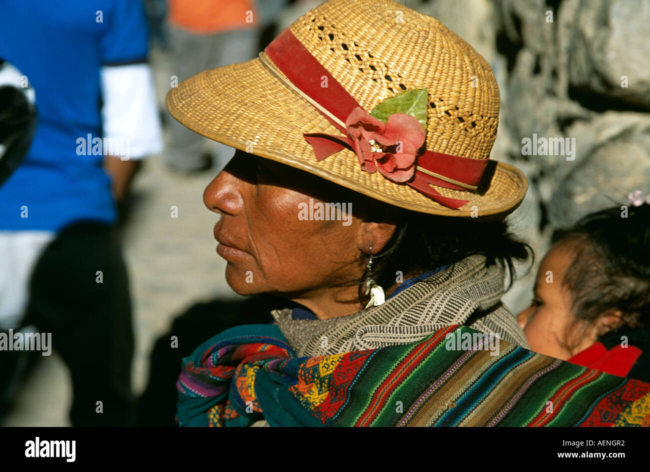Lady wearing colourful shawl and hat, Ollantaytambo, Sacred Valley of ...
