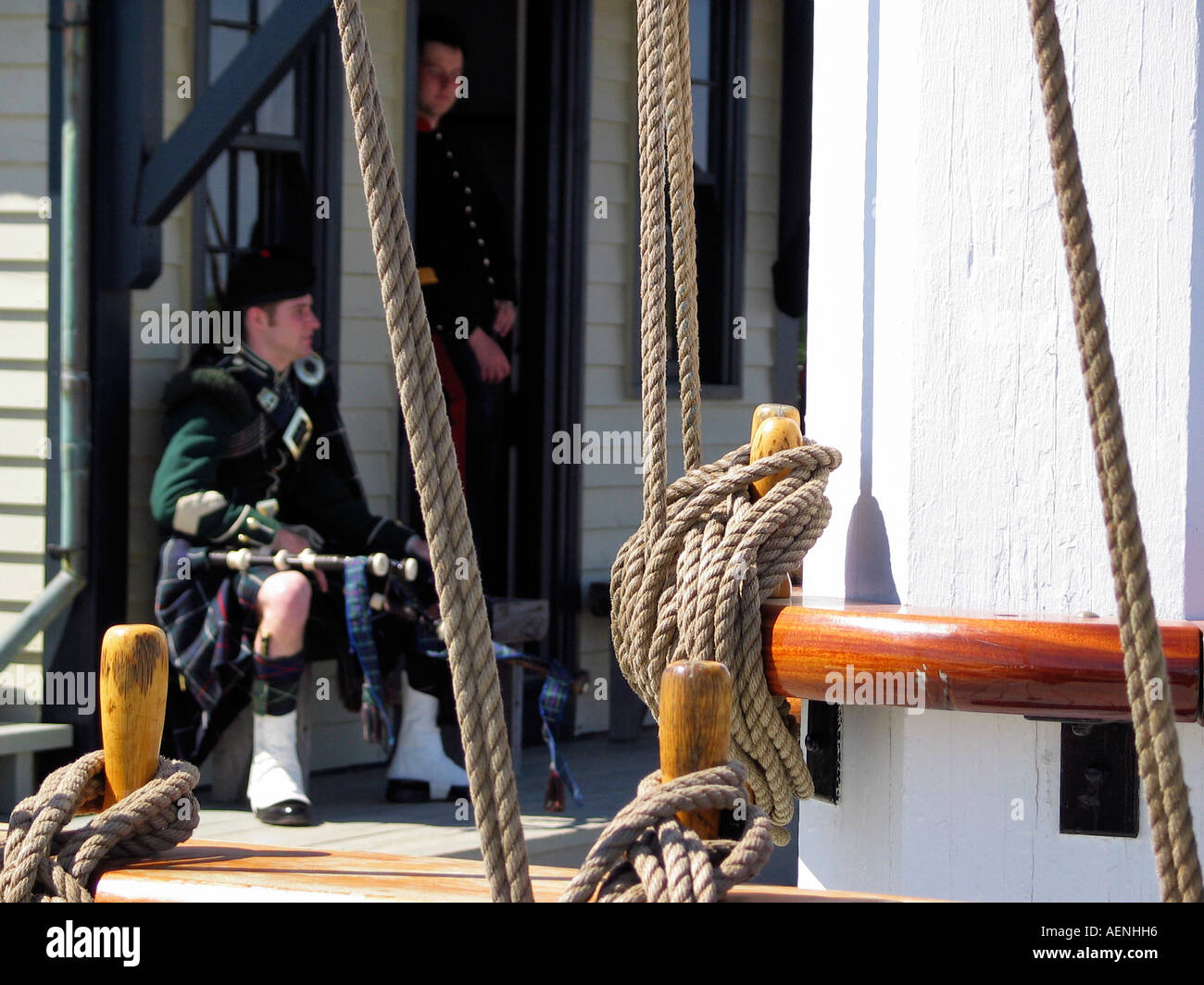 Bag pipe player resting on bench in the citadel Halifax, Nova Scotia ...