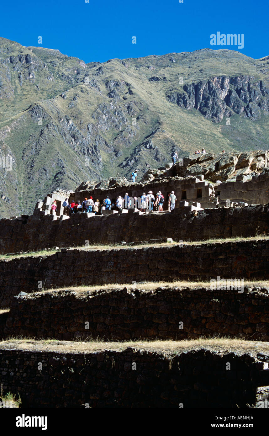 Inca ruins, terraces and tourists, Ollantaytambo, Sacred Valley of the ...