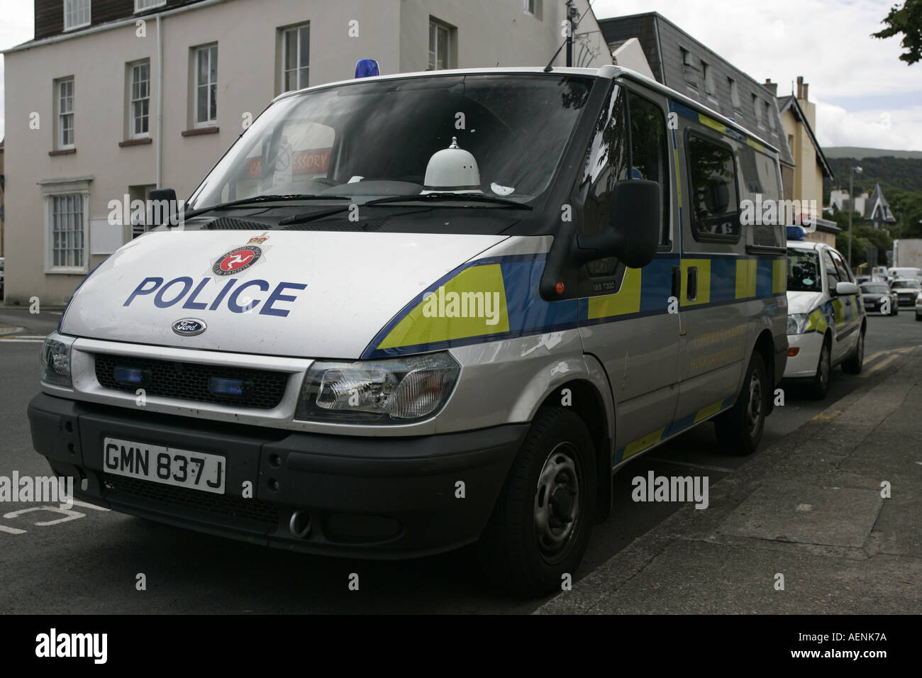 Manx police transit van with famous white helmet in window parked by ...