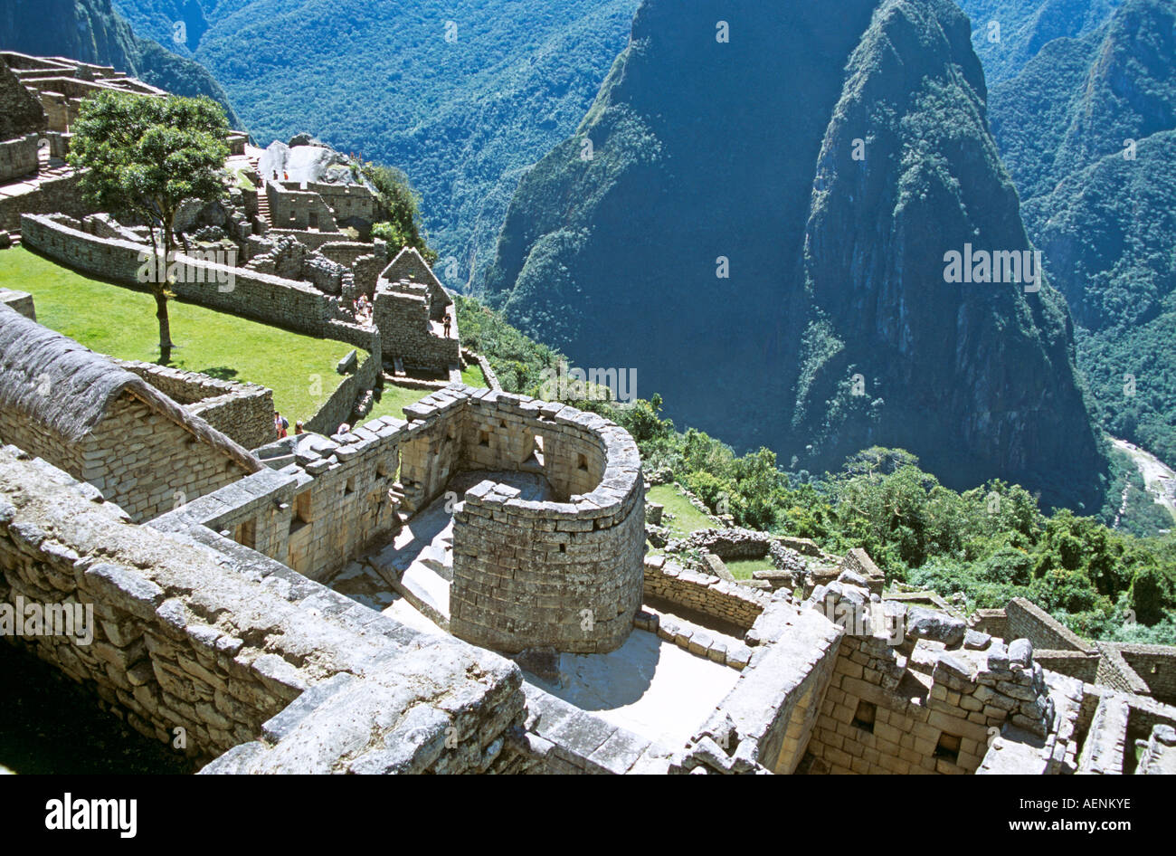 Looking down onto the Sun Temple and Inca ruins, at base of Huayna ...