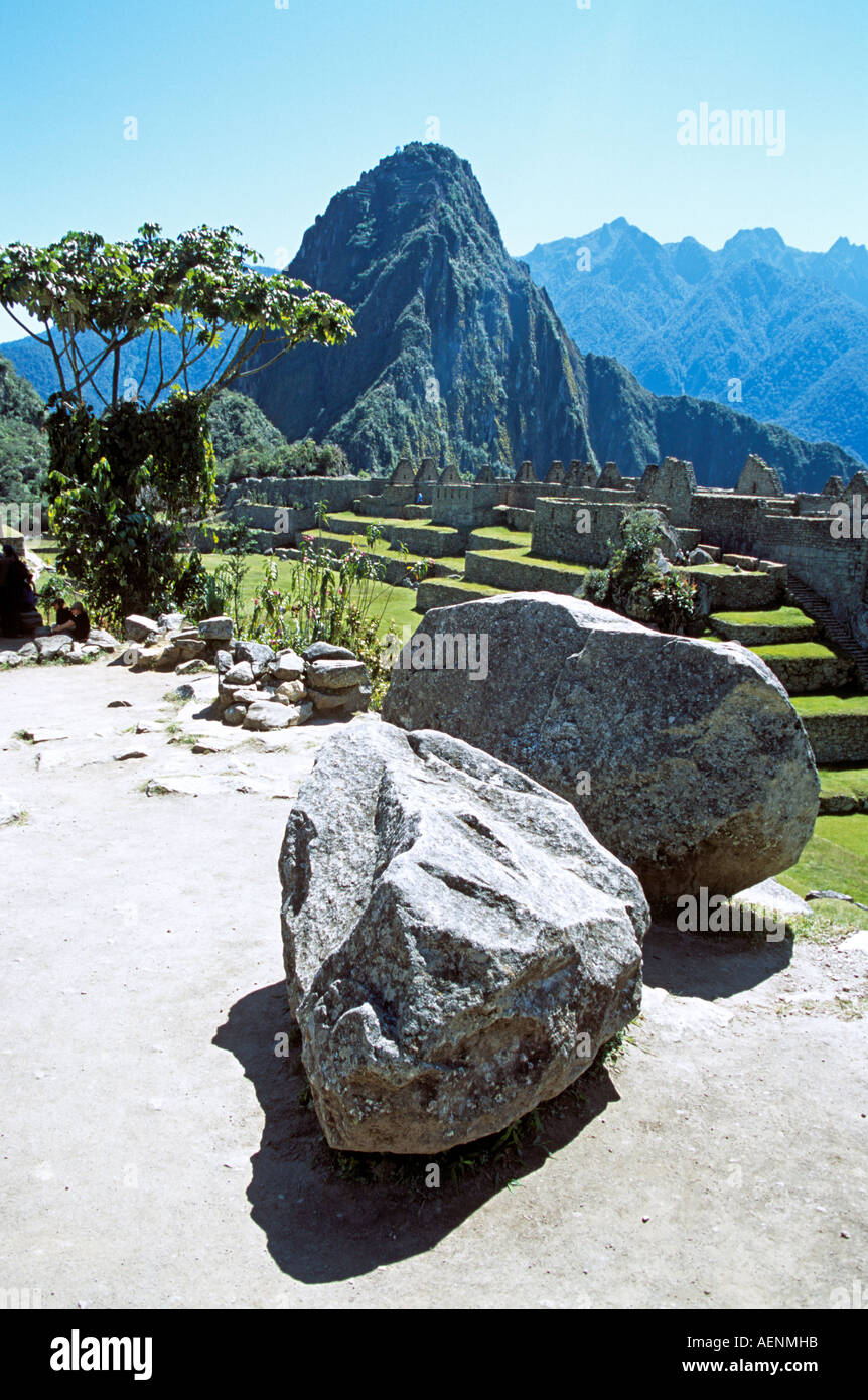 Machu Picchu Inca ruins and terraces at base of Huayna Picchu, large ...