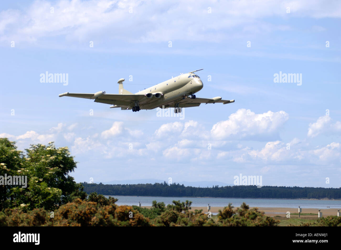 RAF Nimrod HS MR2 coming in to land at RAF Kinloss Morayshire. XAV-499 ...