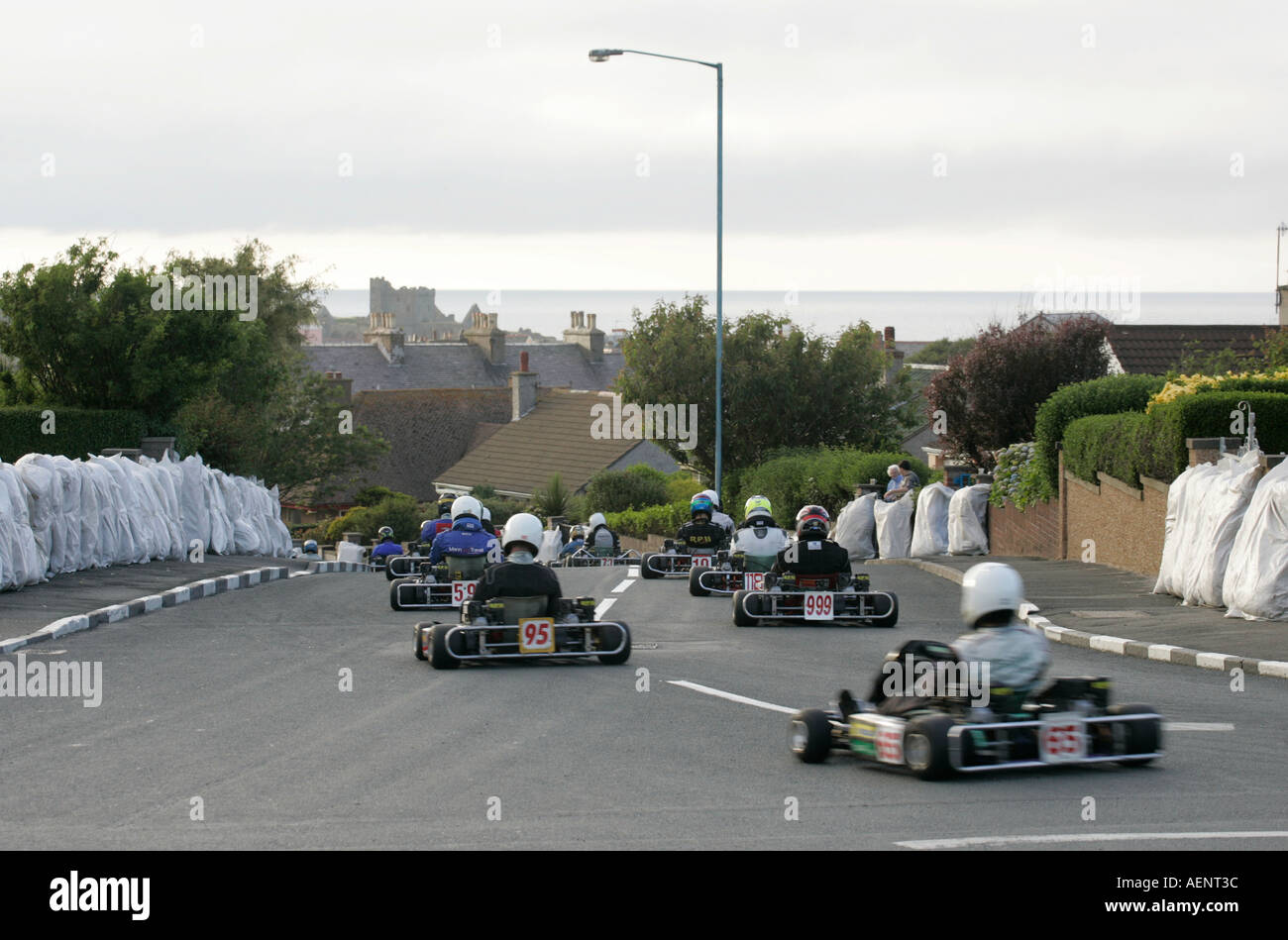 World Formula karts head down the hill towards Peel Castle on the ...