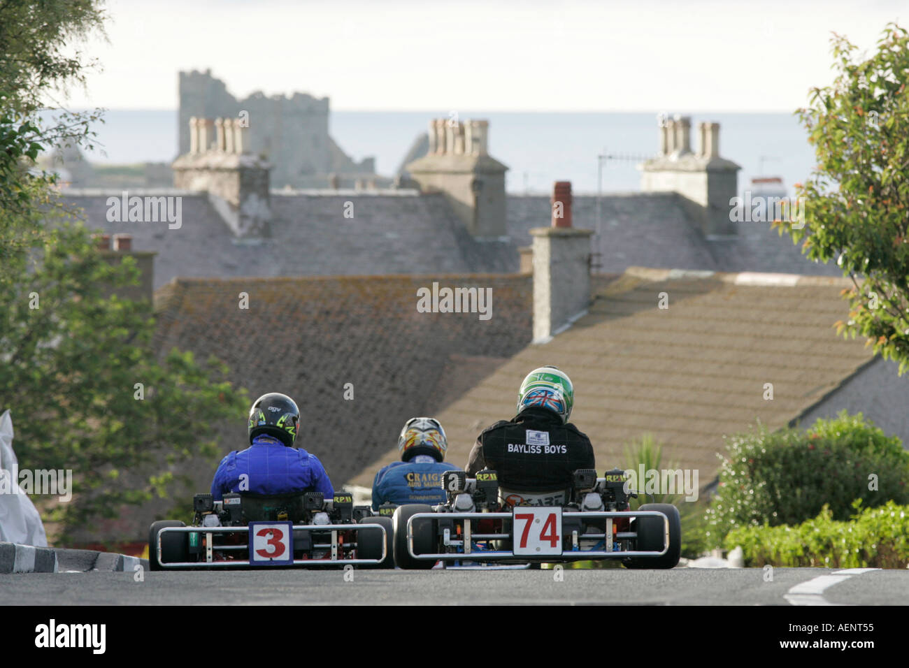 World Formula karts head down the hill towards Peel Castle on the ...