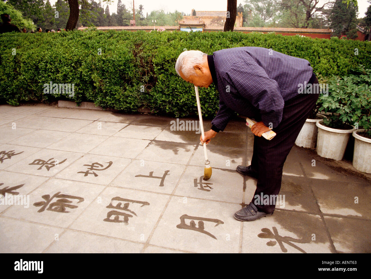 Beijing China Elderly man practicing calligraphy with giant brush and ...